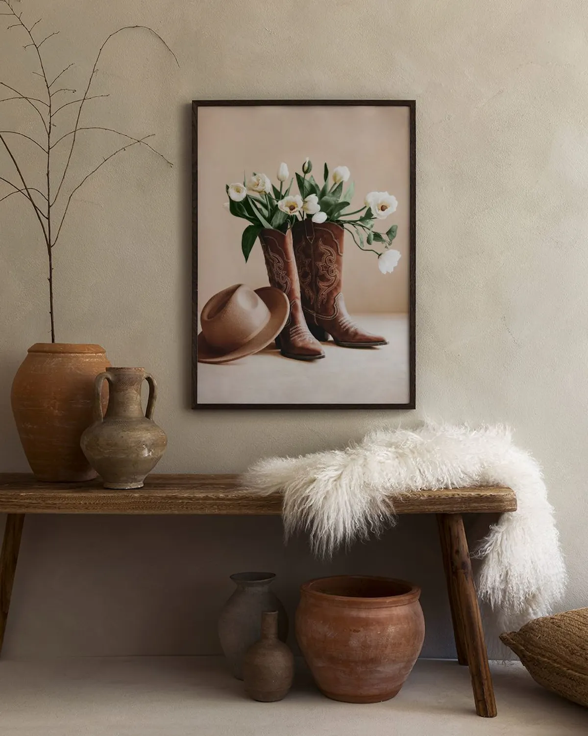 Poppies in Cowboy Boots Print – Rustic Western Poster | Desenio