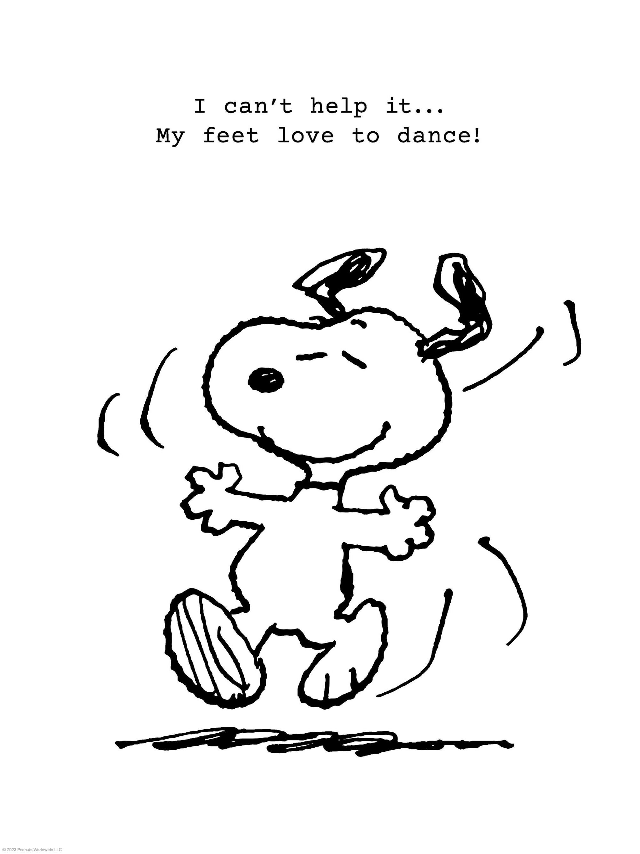 Snoopy Dancing Poster – Zwarte-witte Peanuts™ illustratie | Desenio