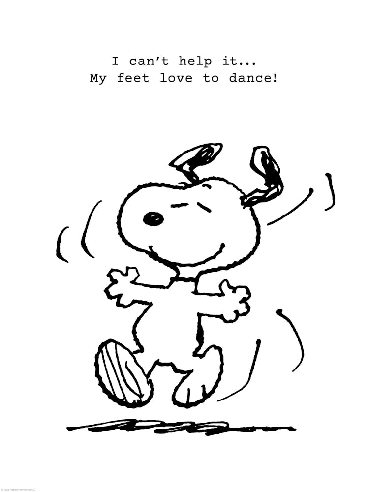 Snoopy Dancing Poster – Zwarte-witte Peanuts™ illustratie | Desenio