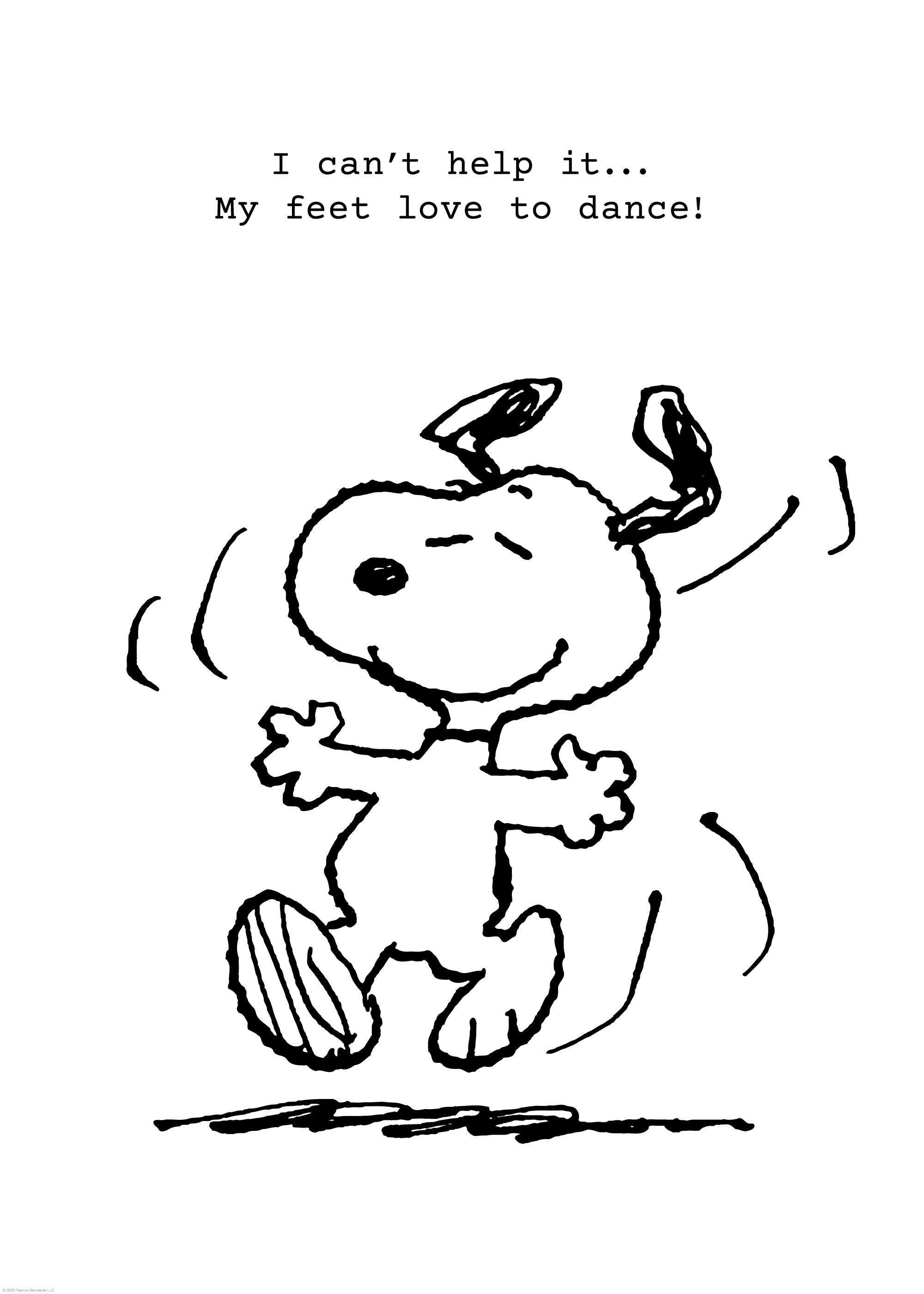Snoopy Dancing Poster – Zwarte-witte Peanuts™ illustratie | Desenio