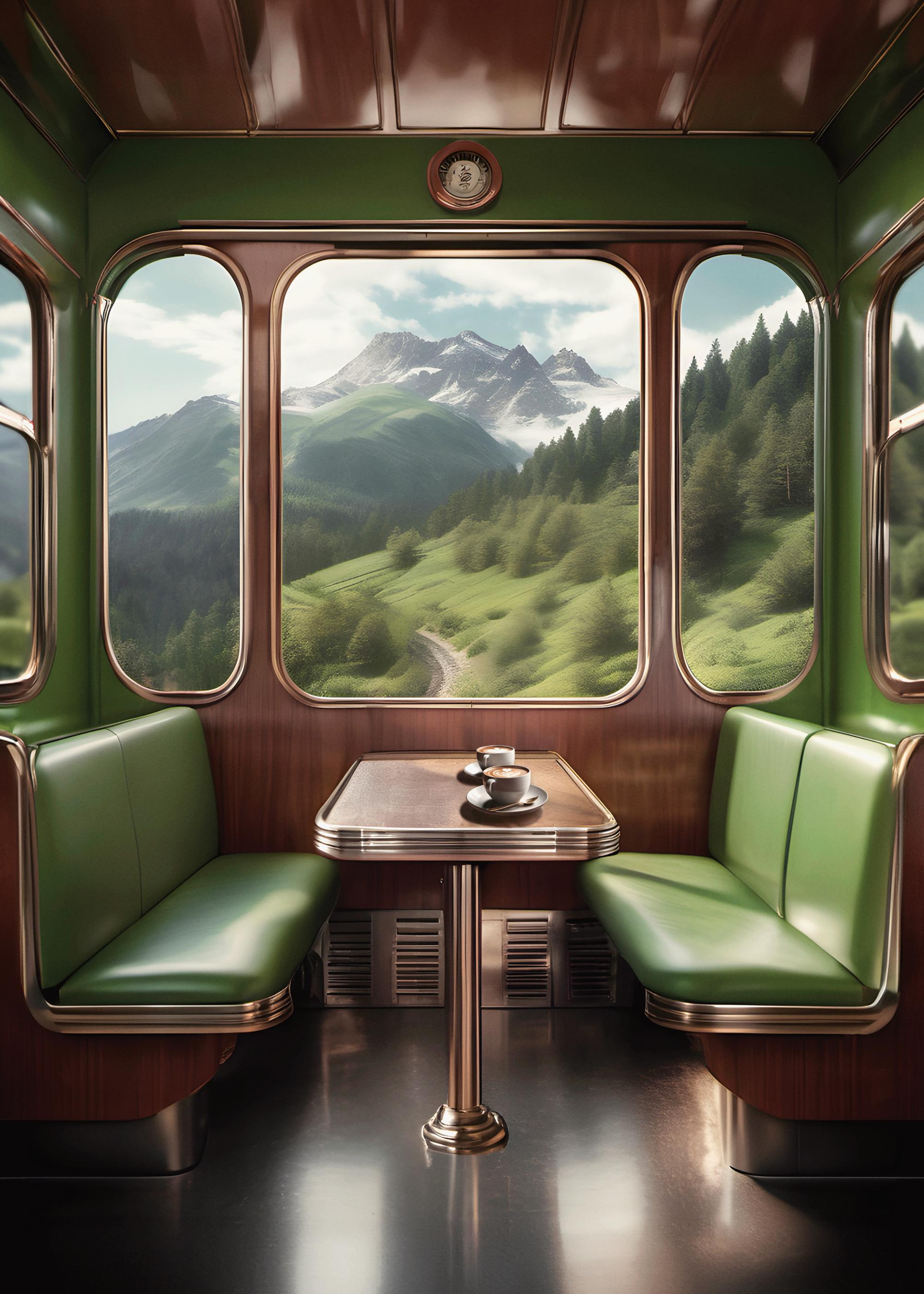 Retro Train View Poster – Treincoupe met bergzicht | Desenio
