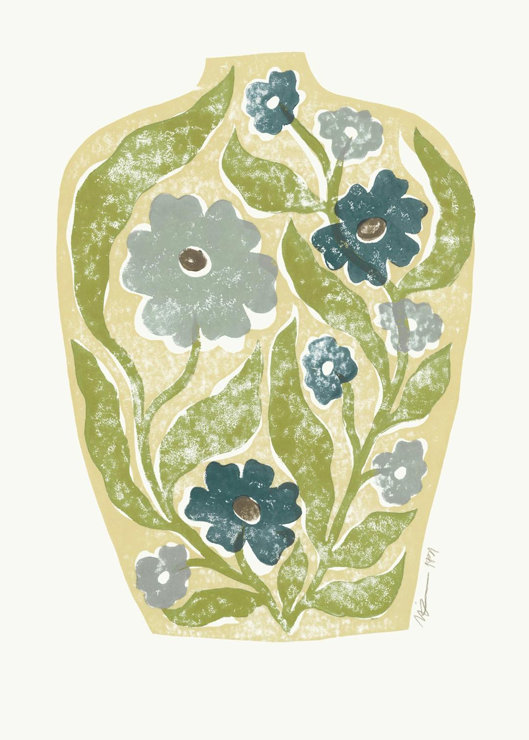 Linocut Flowers Print – Blue & Green Botanical Poster | Desenio