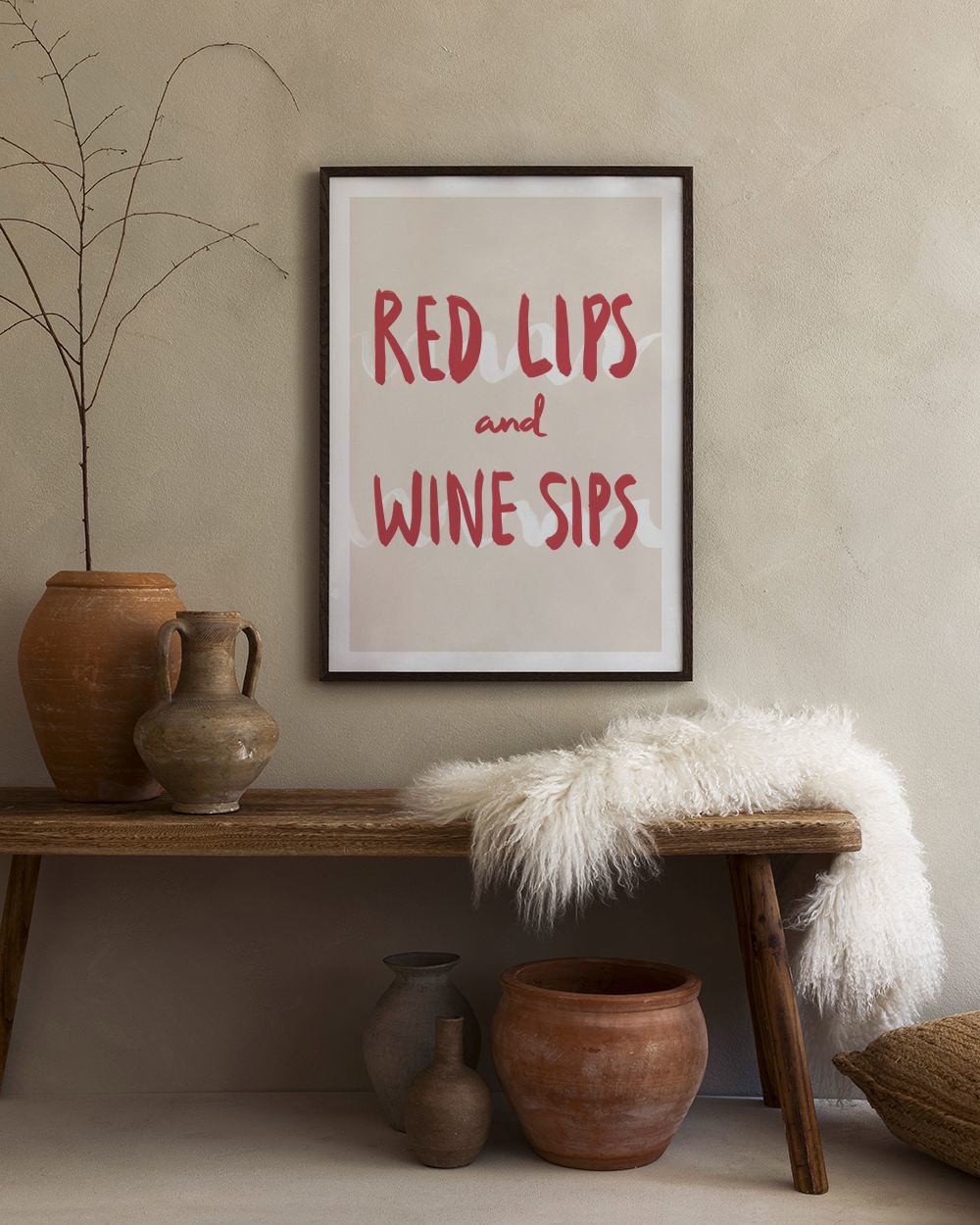 Red Lips and Wine Sips Poster - Red quote on beige - desenio.com