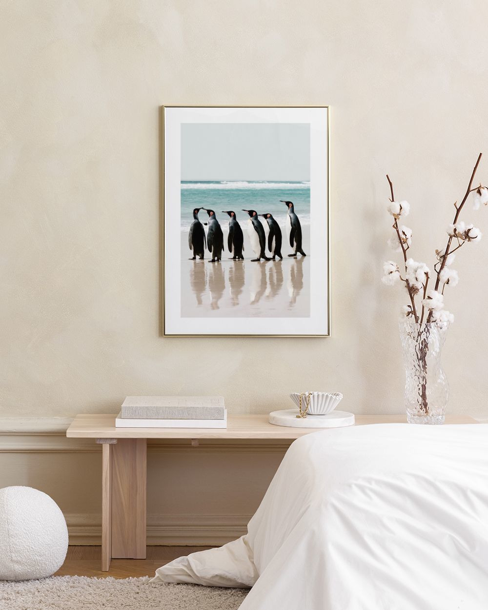 Lined up Penguins Poster - Penguins on beach - desenio.ie